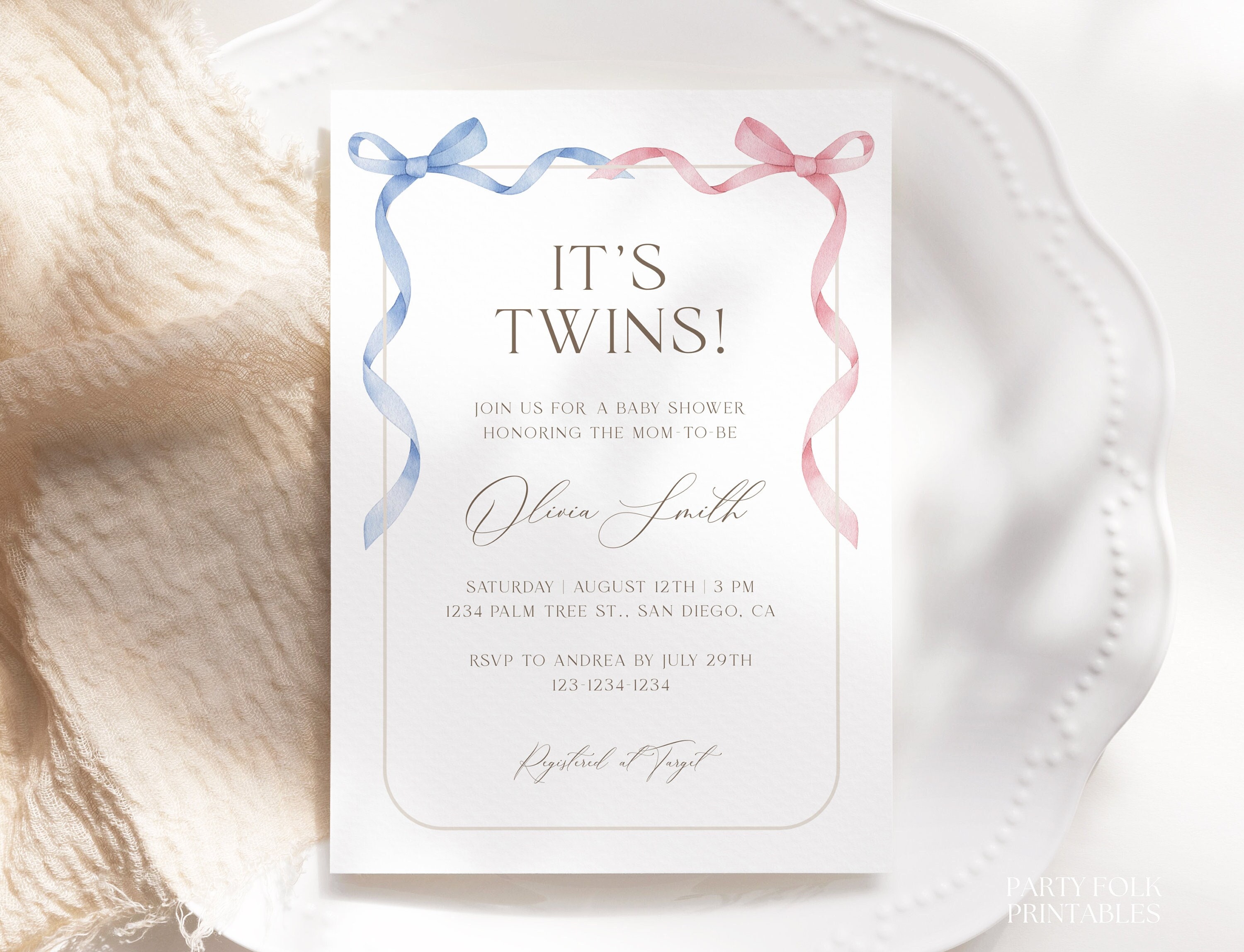 Editable It's Twins Baby Shower Invitation Template, Printable Pink ...