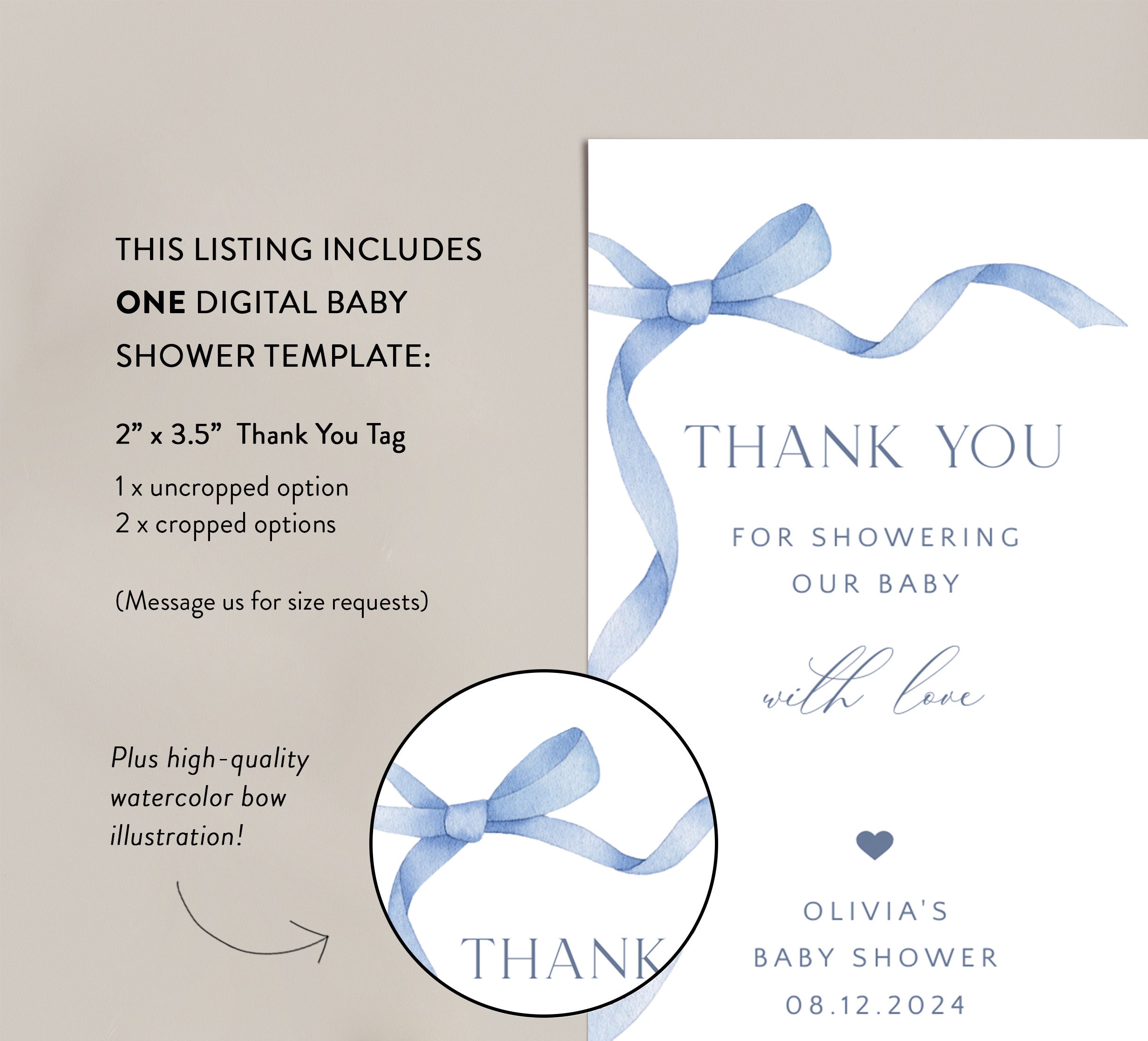 Editable Blue Bow Baby Shower Thank You Tag, Printable Boy Baby Shower ...