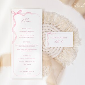 Editable Pink Bow Place Card & Menu Templates, Blush Pink Ribbon Baby ...