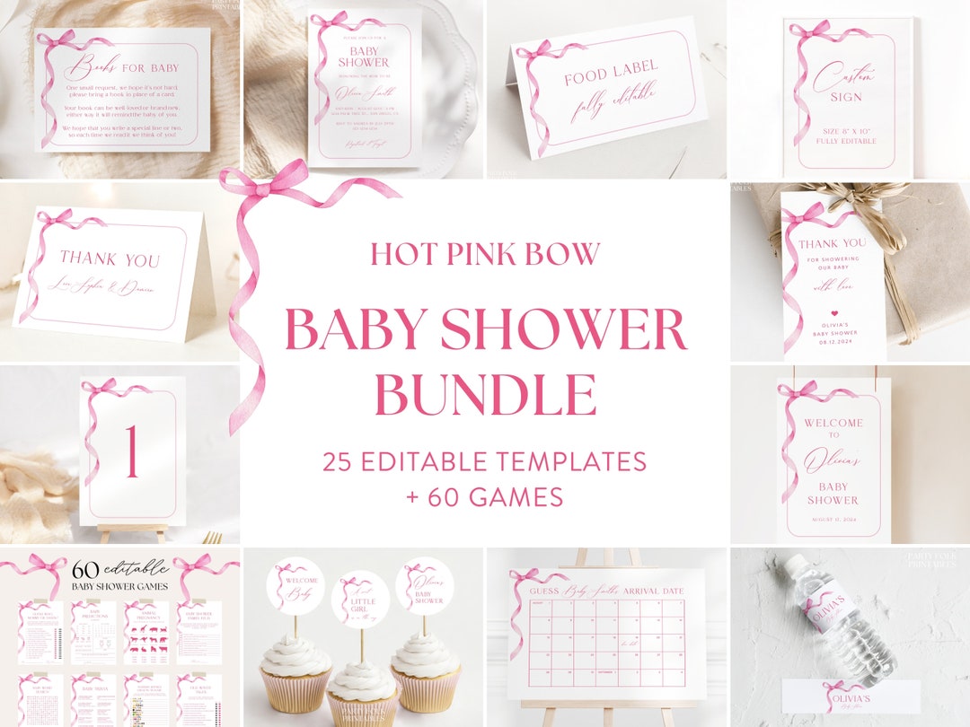 Editable Hot Pink Bow Baby Shower Template Bundle, Pink Baby Shower ...