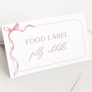 Editable Dusty Pink Bow Buffet Card Template, Pink Food Label, Blush ...