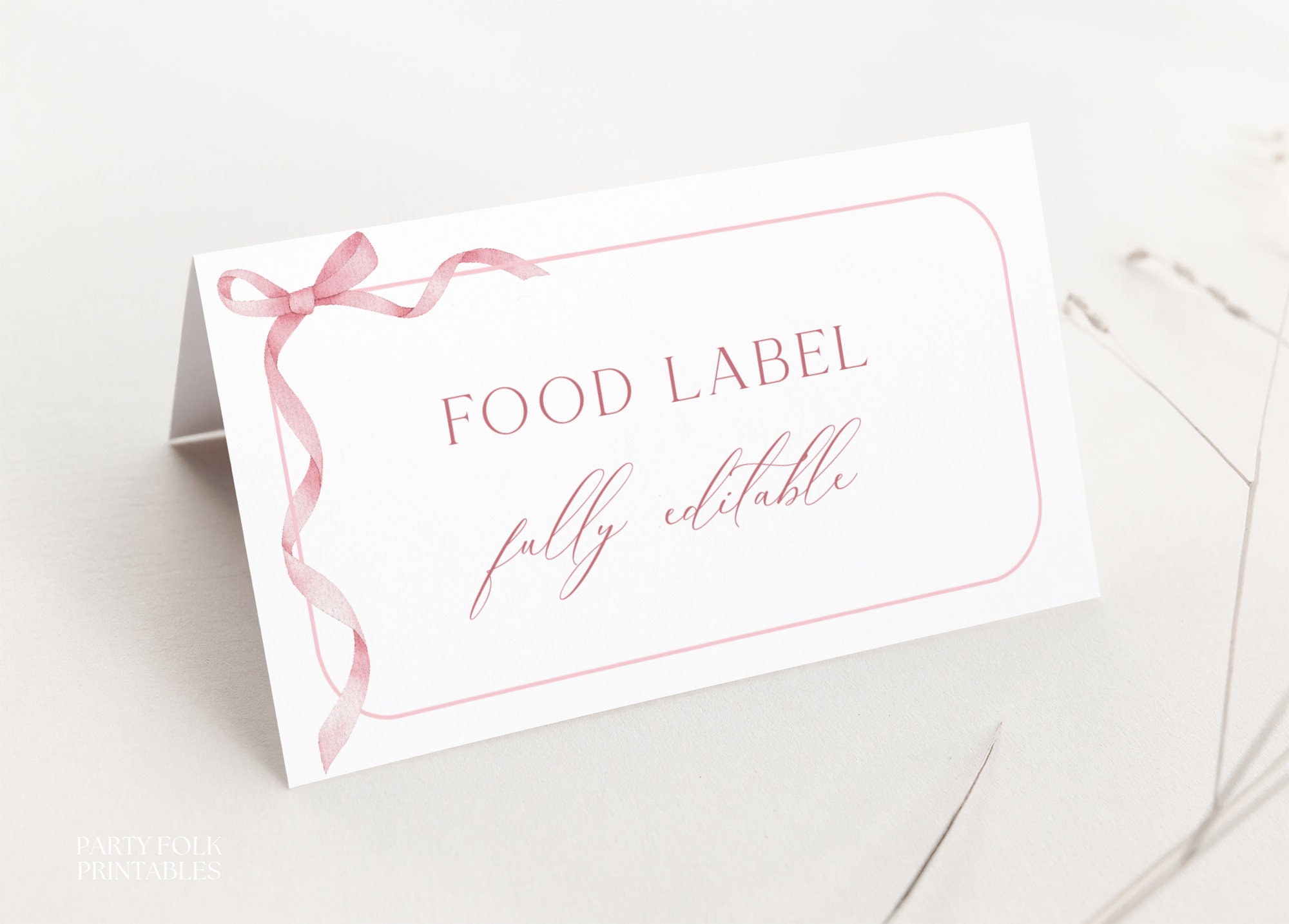 Editable Dusty Pink Bow Buffet Card Template, Pink Food Label, Blush ...