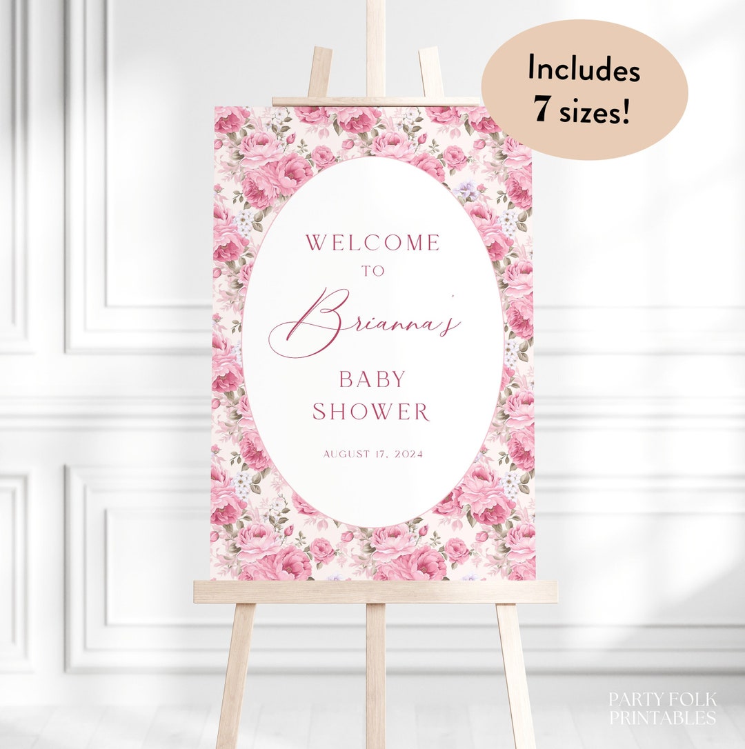 Pink Roses Baby Shower Welcome Sign Template, Editable Shabby Chic ...