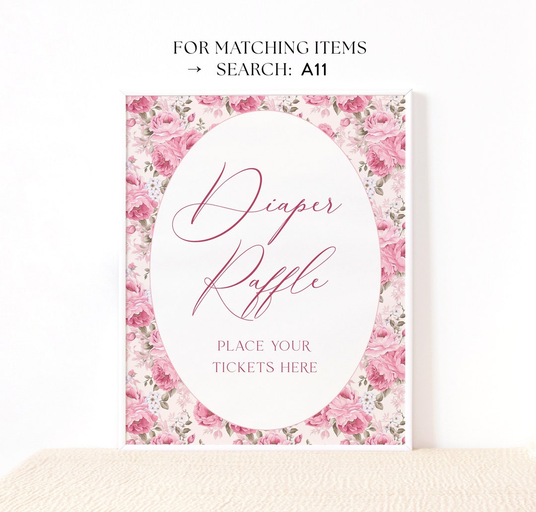 Printable Pink Roses Diaper Raffle Sign Baby Shower, Floral Diaper ...