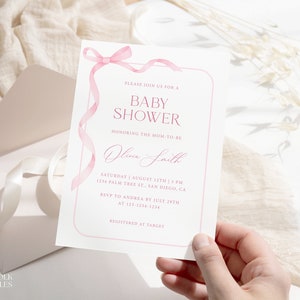 Editable Pink Bow Baby Shower Invitation Template, Blush Pink Girl Baby ...