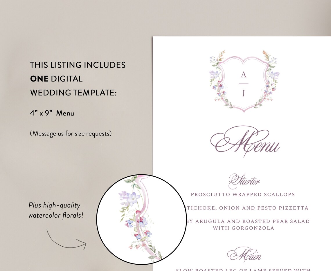 Editable Floral Crest Wedding Menu Template, Lilac Pink Wildflower ...