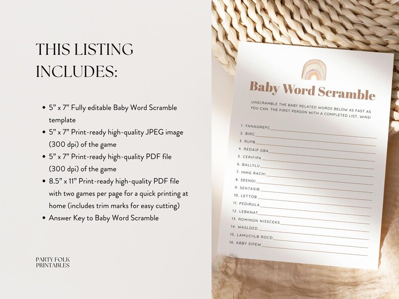 Editable Boho Rainbow Baby Word Scramble and Answer Key - Etsy