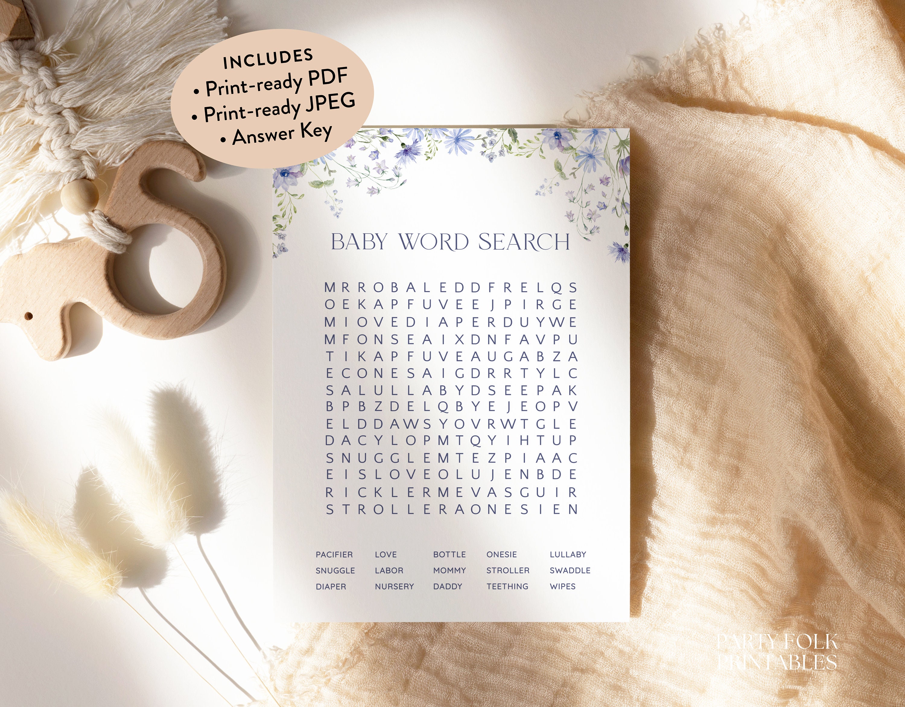Blue Floral Baby Word Search Game, Print Ready Boy Baby Shower Word ...