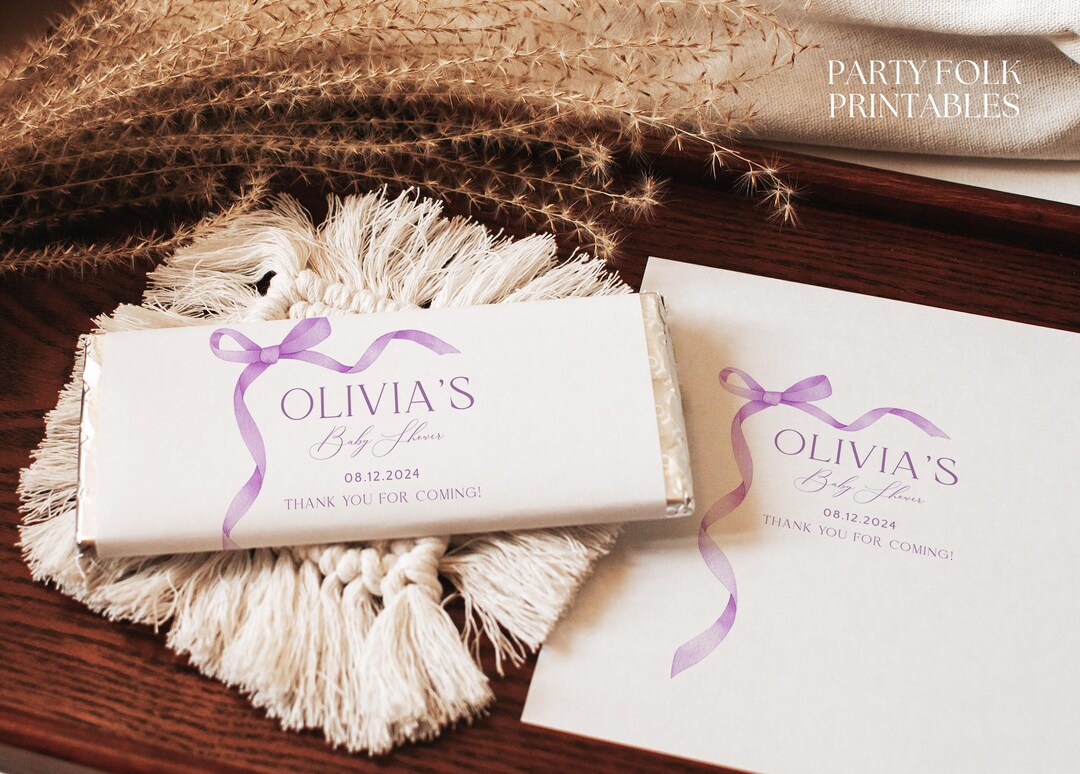 Lilac Bow Chocolate Bar Wrapper Template, Editable Girl Baby Shower ...