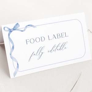 Editable Blue Bow Buffet Card Template, Dusty Blue Food Label, Blue ...