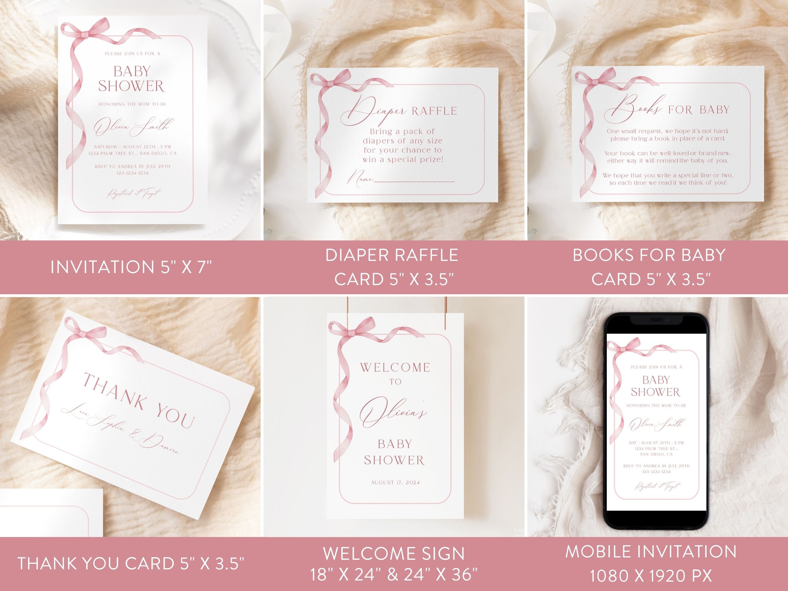 Editable Dusty Pink Bow Baby Shower Template Bundle, Blush Girl Baby ...