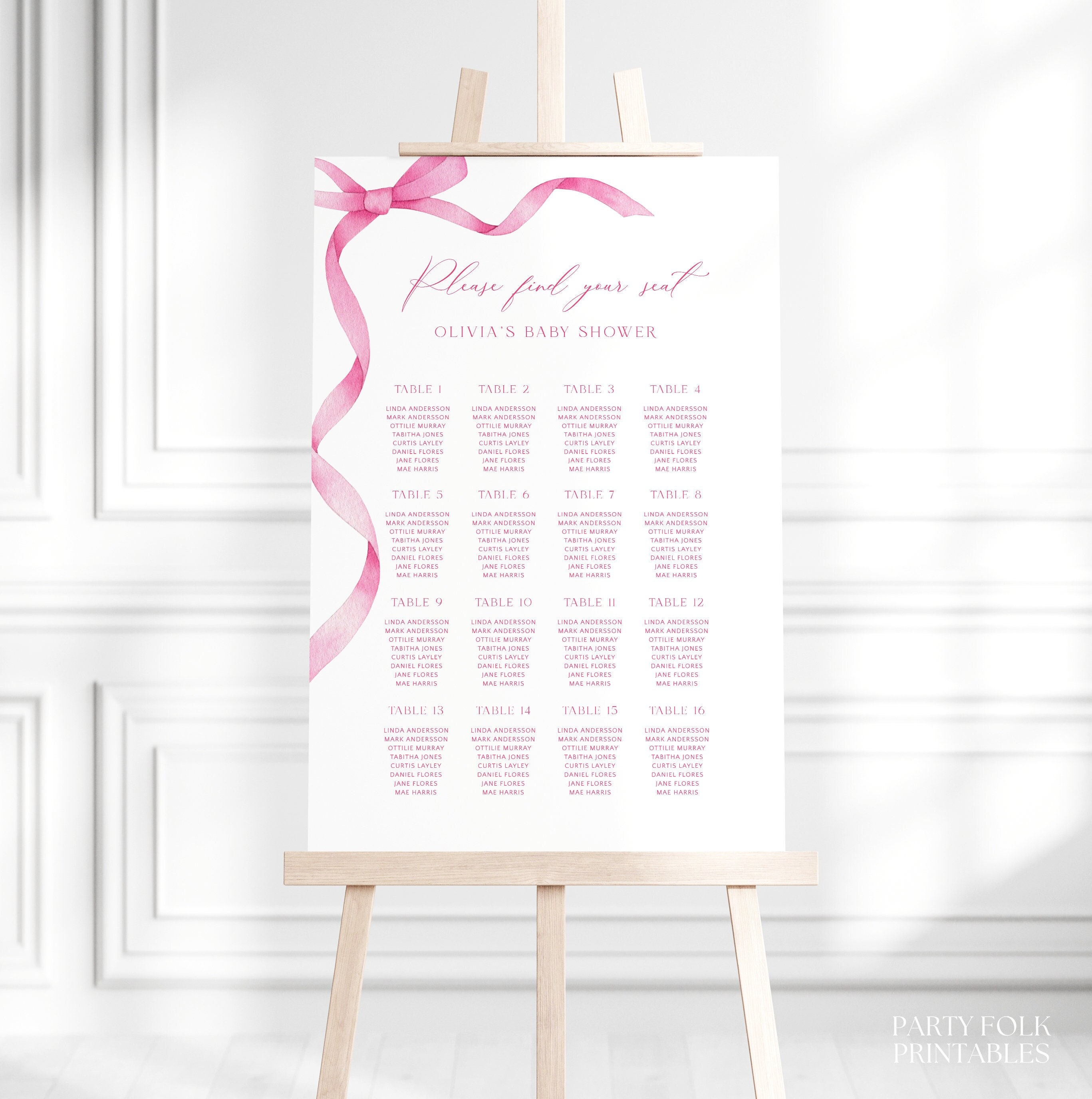 Editable Hot Pink Bow Seating Chart Template, Instant Girl Baby Shower ...
