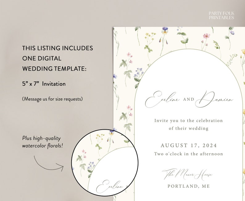 Wildflower Arch Wedding Invitation Template, Printable Floral ...