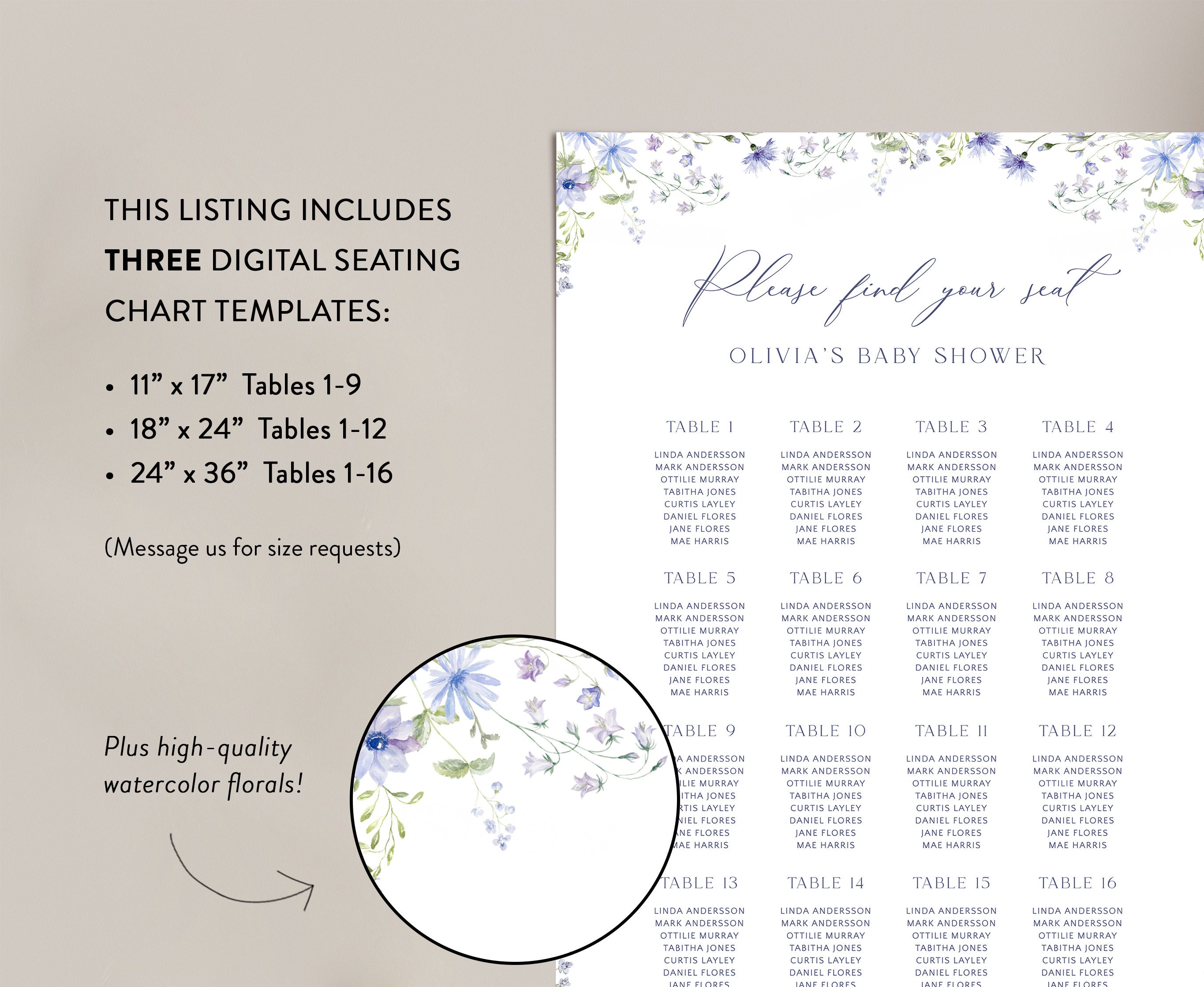 Editable Blue Floral Seating Chart Template, Instant Baby in Bloom ...