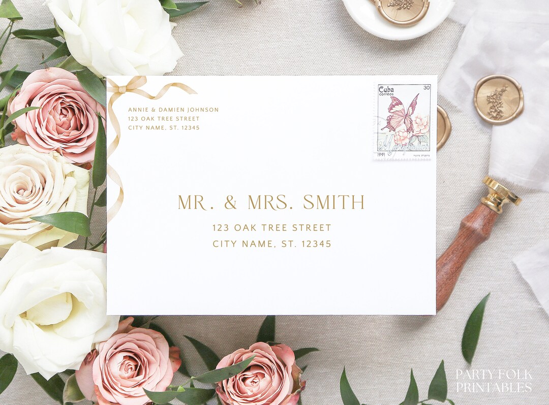Editable Gold Bow Envelope Address Template, Personalized Gender ...