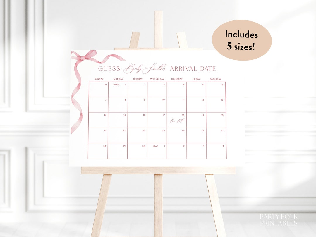 Editable Pink Bow Guess the Due Date Calendar Template, Dusty Pink ...