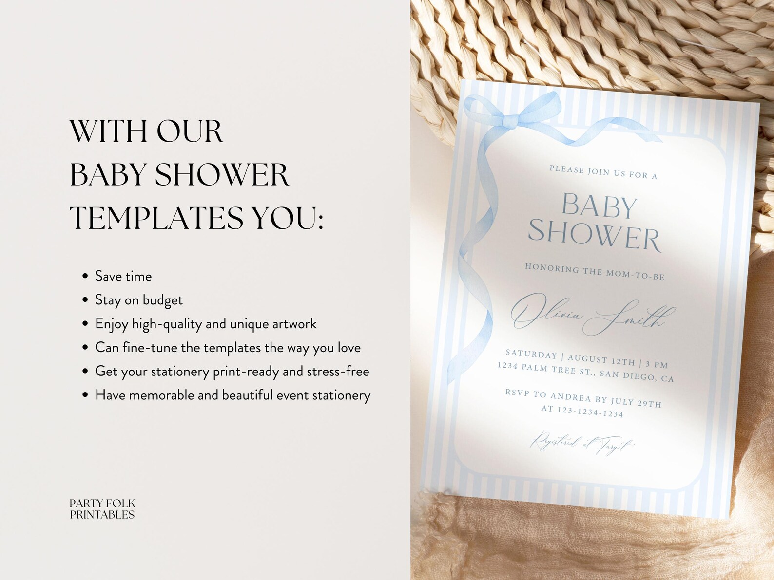 Editable Blue Bow & Stripes Baby Shower Invitation, Blue Ribbon Boy ...