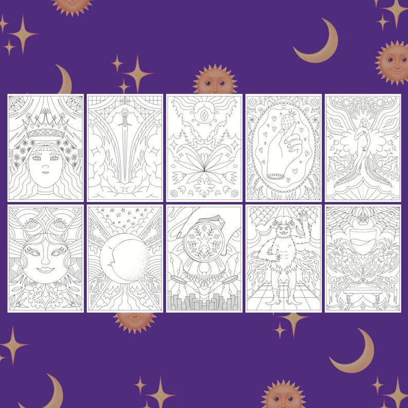 10 Printable Hand Drawn Coloring Pages Taro Card Style for a - Etsy
