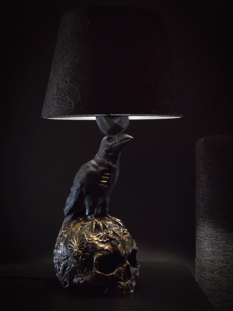 Gothic Desk Lamp, Dark Academia Decor, Raven Skull Table Light, Edgar ...