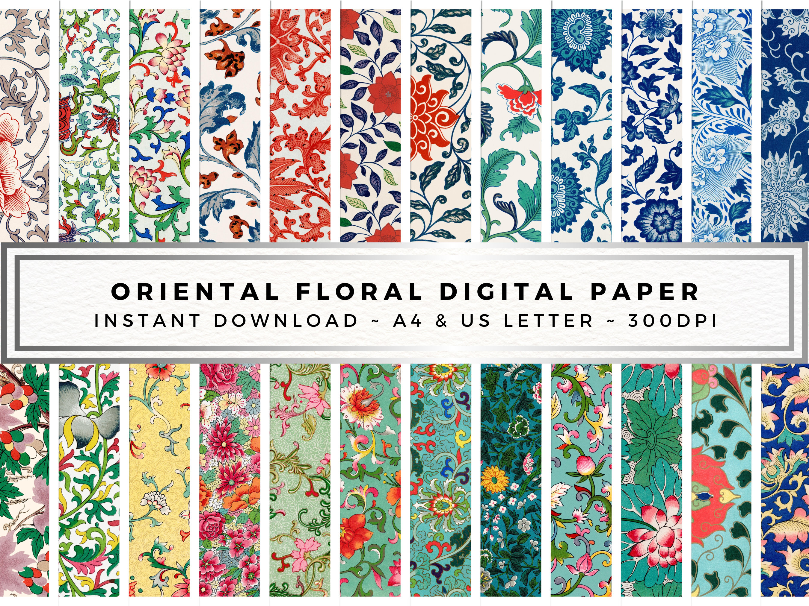 Oriental Floral Digital Paper, Chinese Decorative Flower Patterns, 24 ...