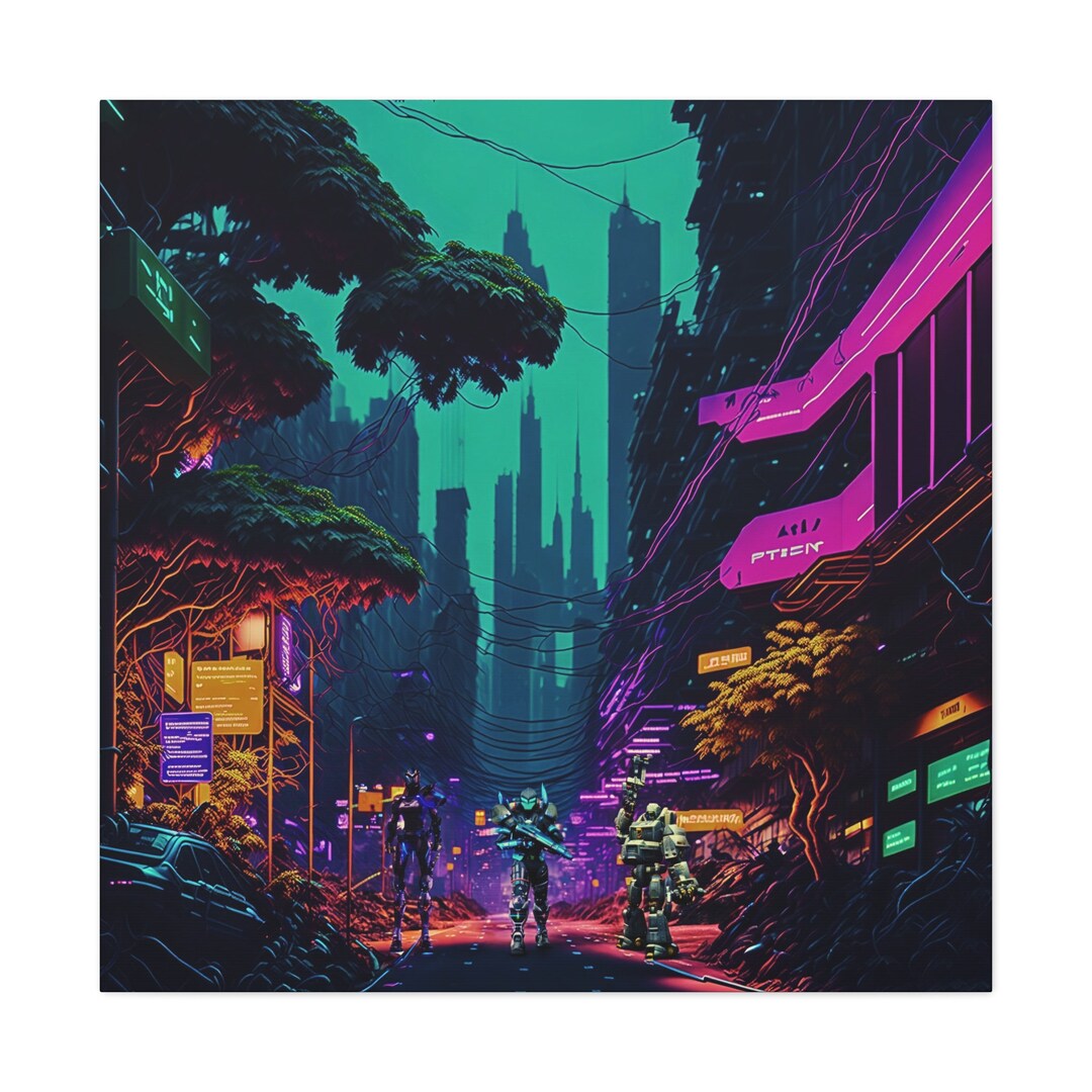 Cyberpunk Wall Art Cityscape Print Overgrown Jungle Home Decor Robotic ...
