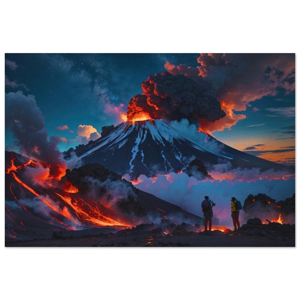 Volcano Eruption Nighttime Scene Poster Natural Metal Artwork Earth ...