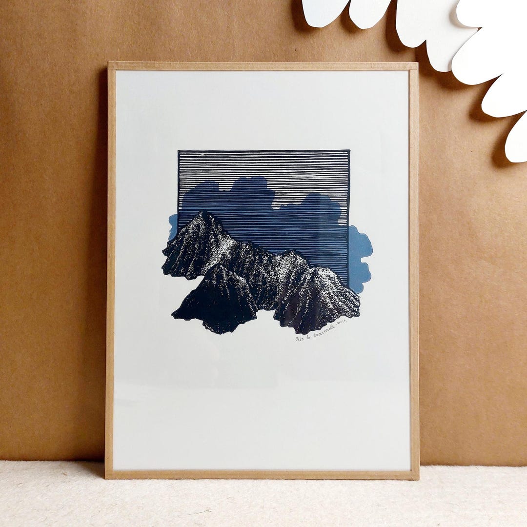 THE CROSSING * Linocut Landscape, Mountain, Cloud, Blue, Art - Etsy