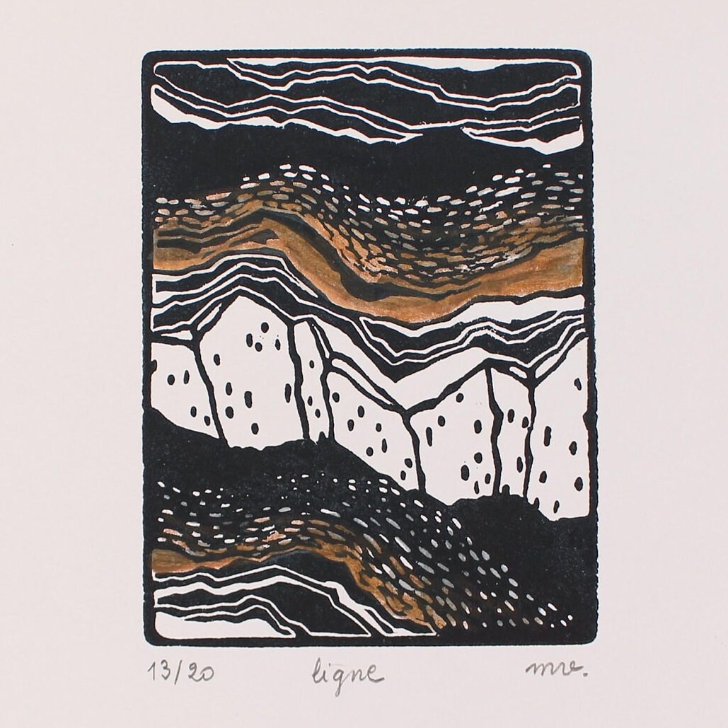 Impresión de paisaje, "Línea", negro, linograbado, arte, decoración de ...