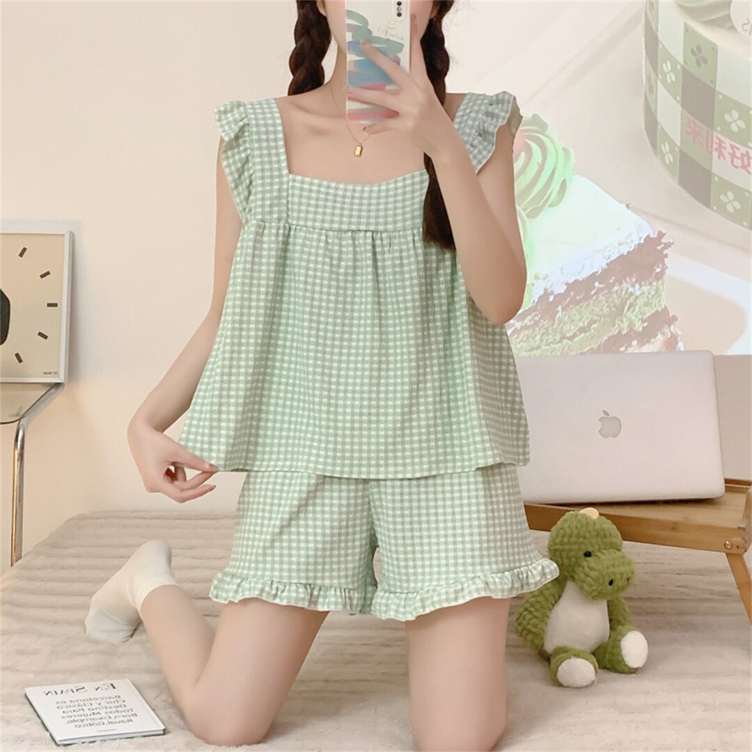 Cotton Ruffled Pajamas Plaid Pajamas Cami and Short Set - Etsy