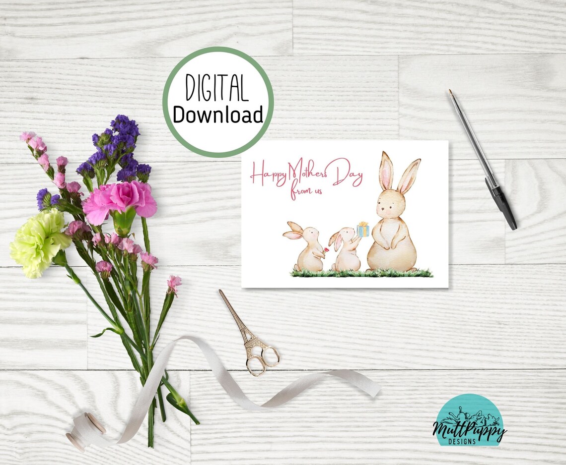 Cute Printable Watercolor Bunny " From Us" Mothers Day Card, Instant ...