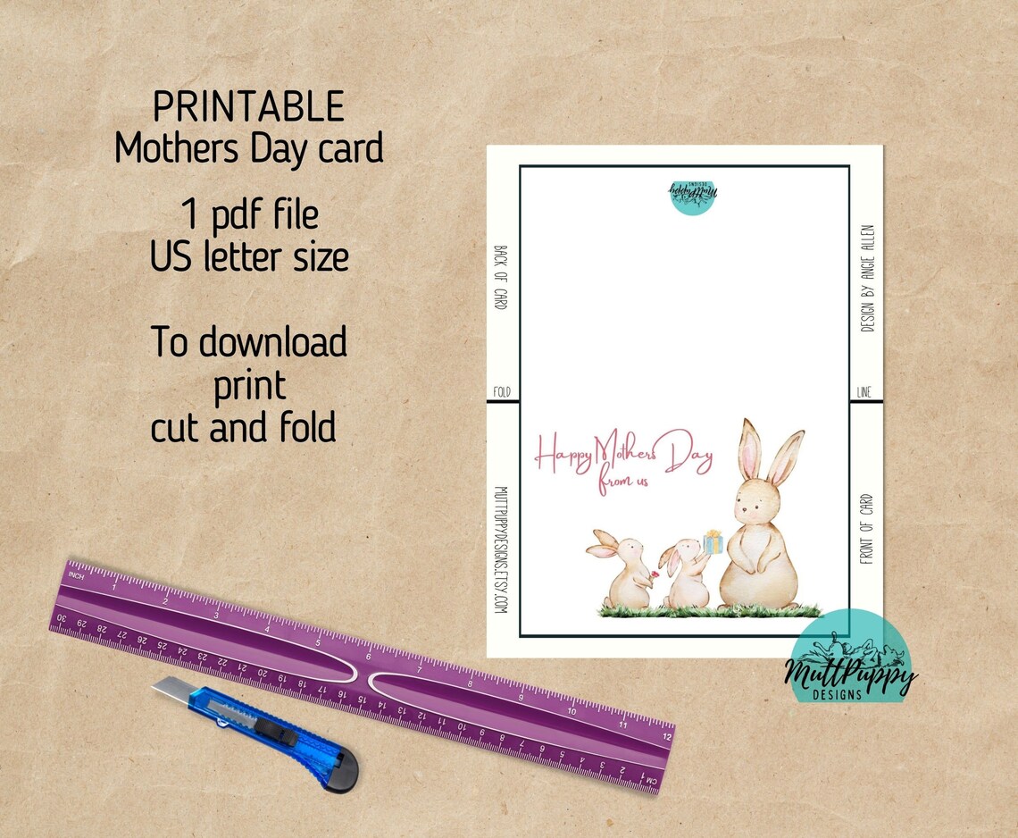 Cute Printable Watercolor Bunny " From Us" Mothers Day Card, Instant ...