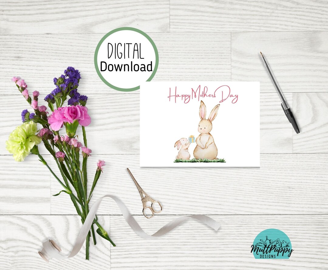 Printable Watercolor Bunny Mothers Day Card, Instant Download, Cute 5x7 ...