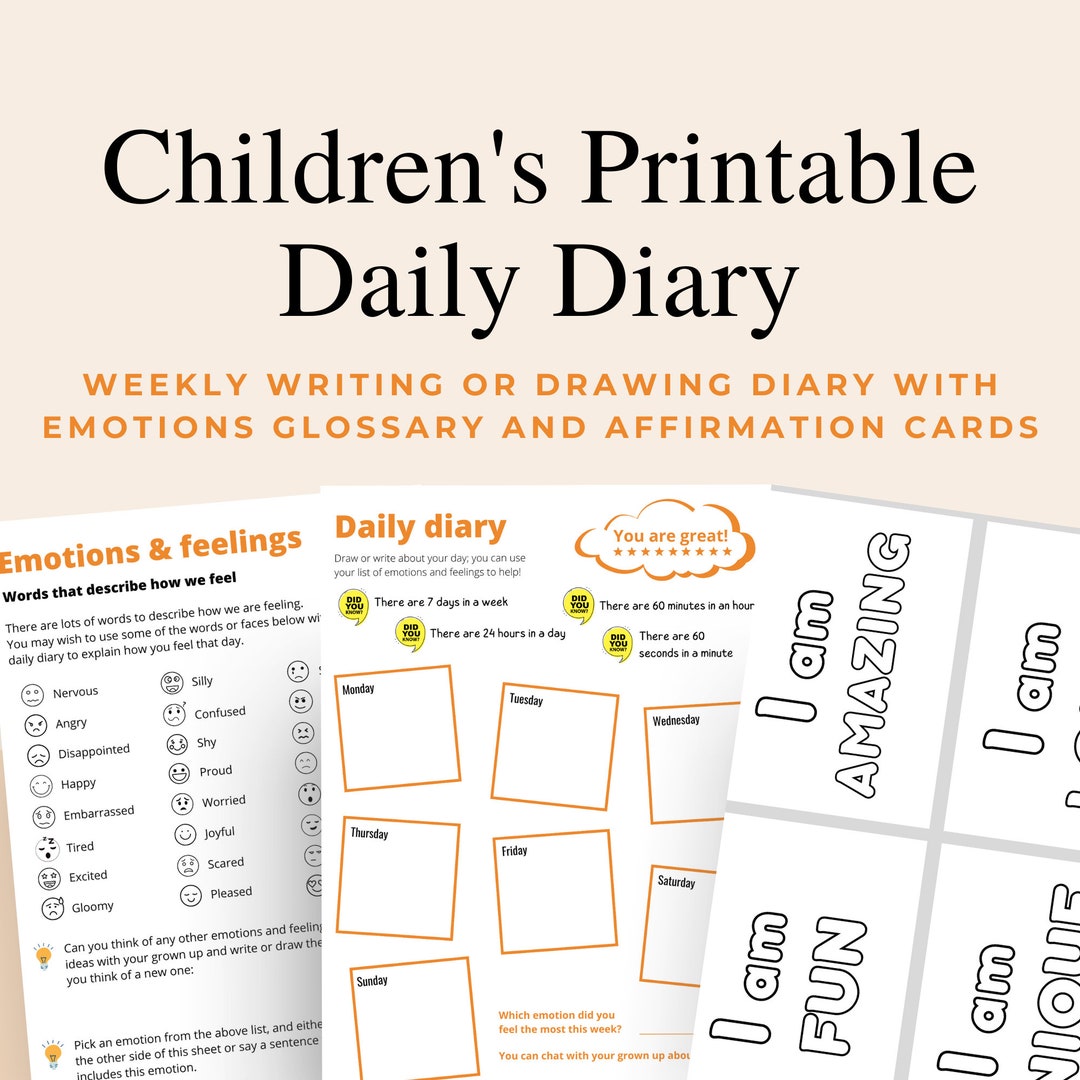 Children's Printable Daily Journal, Drawing Diary, Emotions Glossary ...