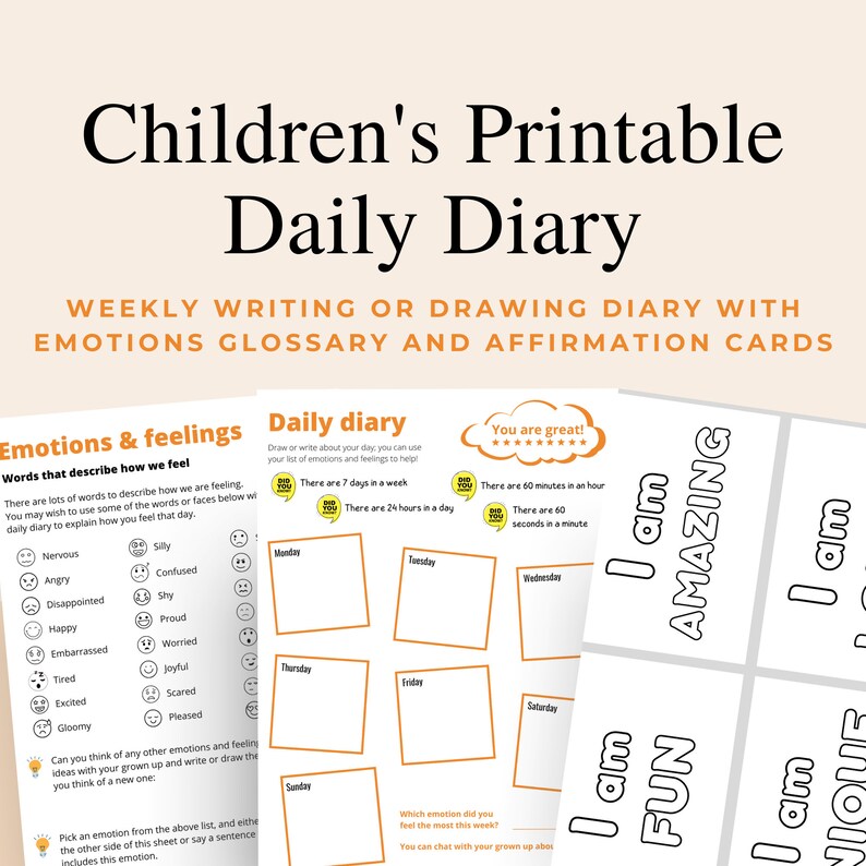Children's Printable Daily Journal, Drawing Diary, Emotions Glossary ...
