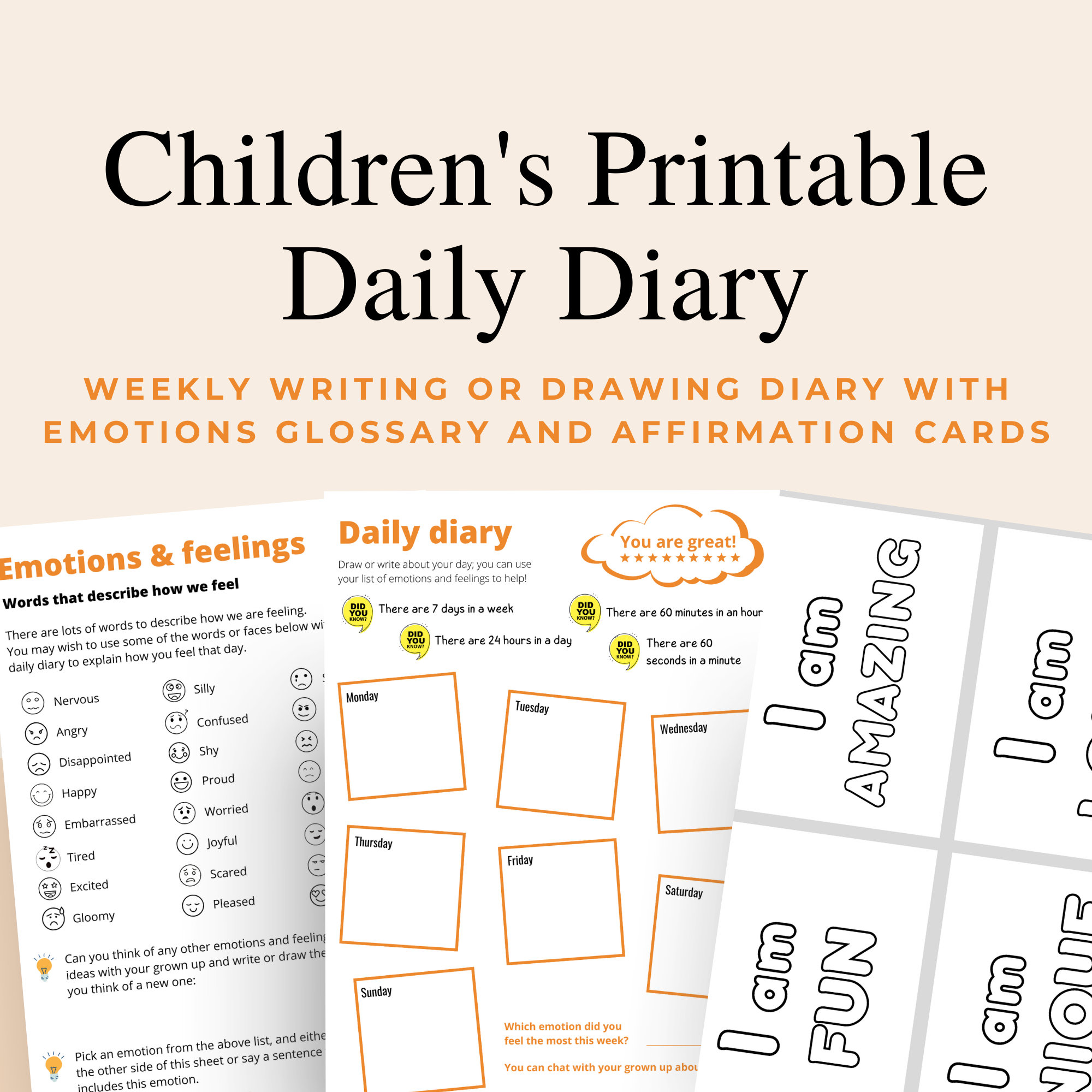 Children's Printable Daily Journal, Drawing Diary, Emotions Glossary ...