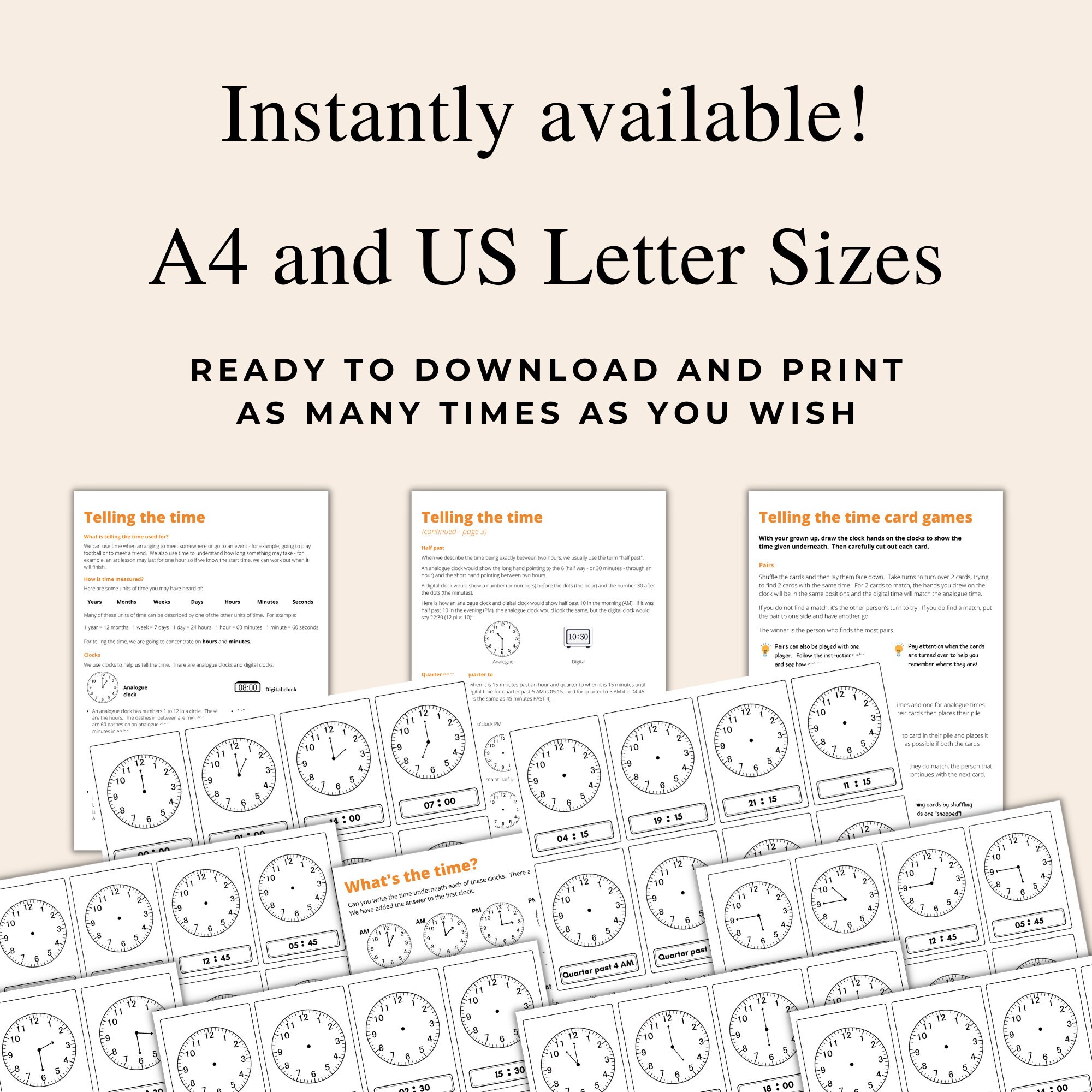 Printable Clocks Tell the Time What's the Time Games - Etsy