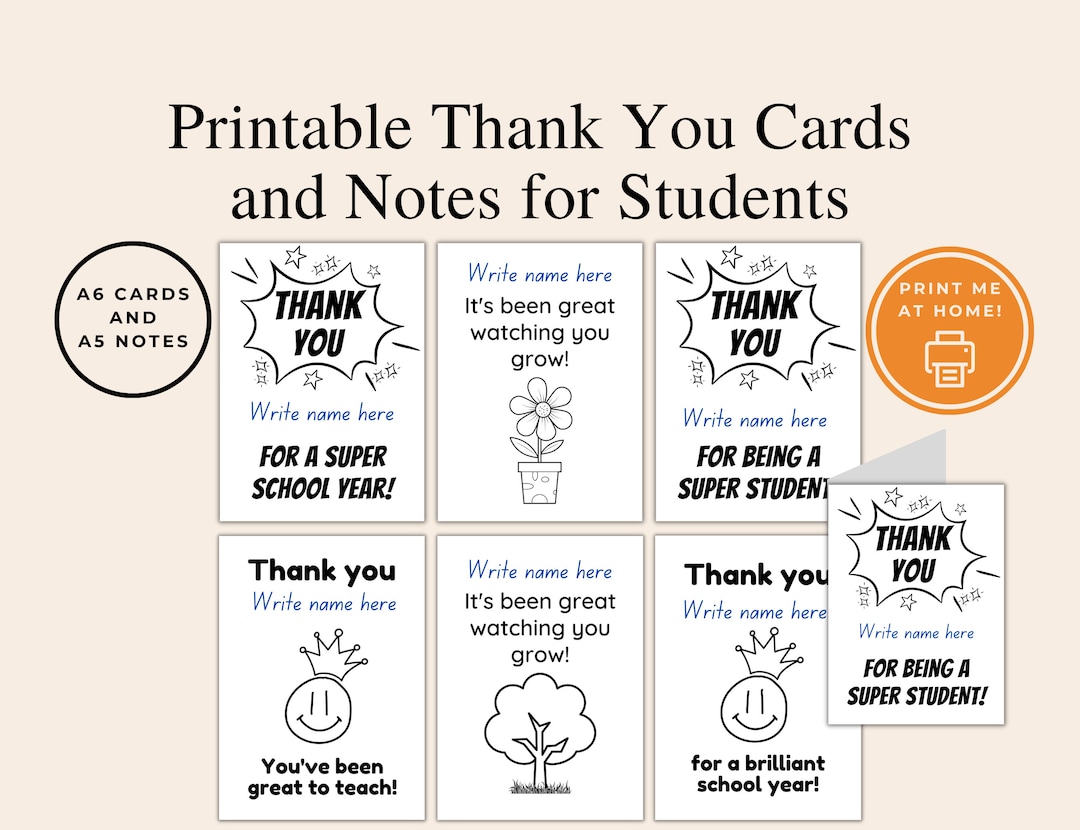 Student Thank You Notes and Cards, Printable End of Year Student Gifts ...