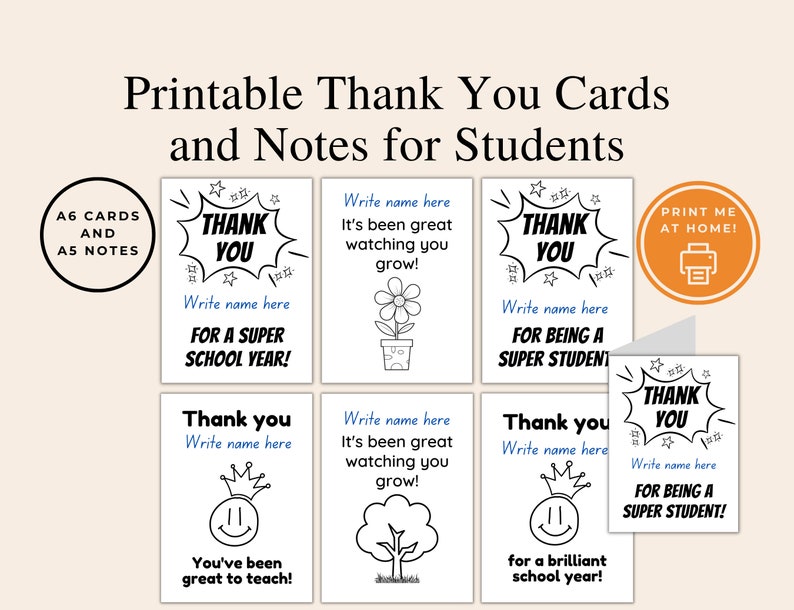 Student Thank You Notes and Cards, Printable End of Year Student Gifts ...