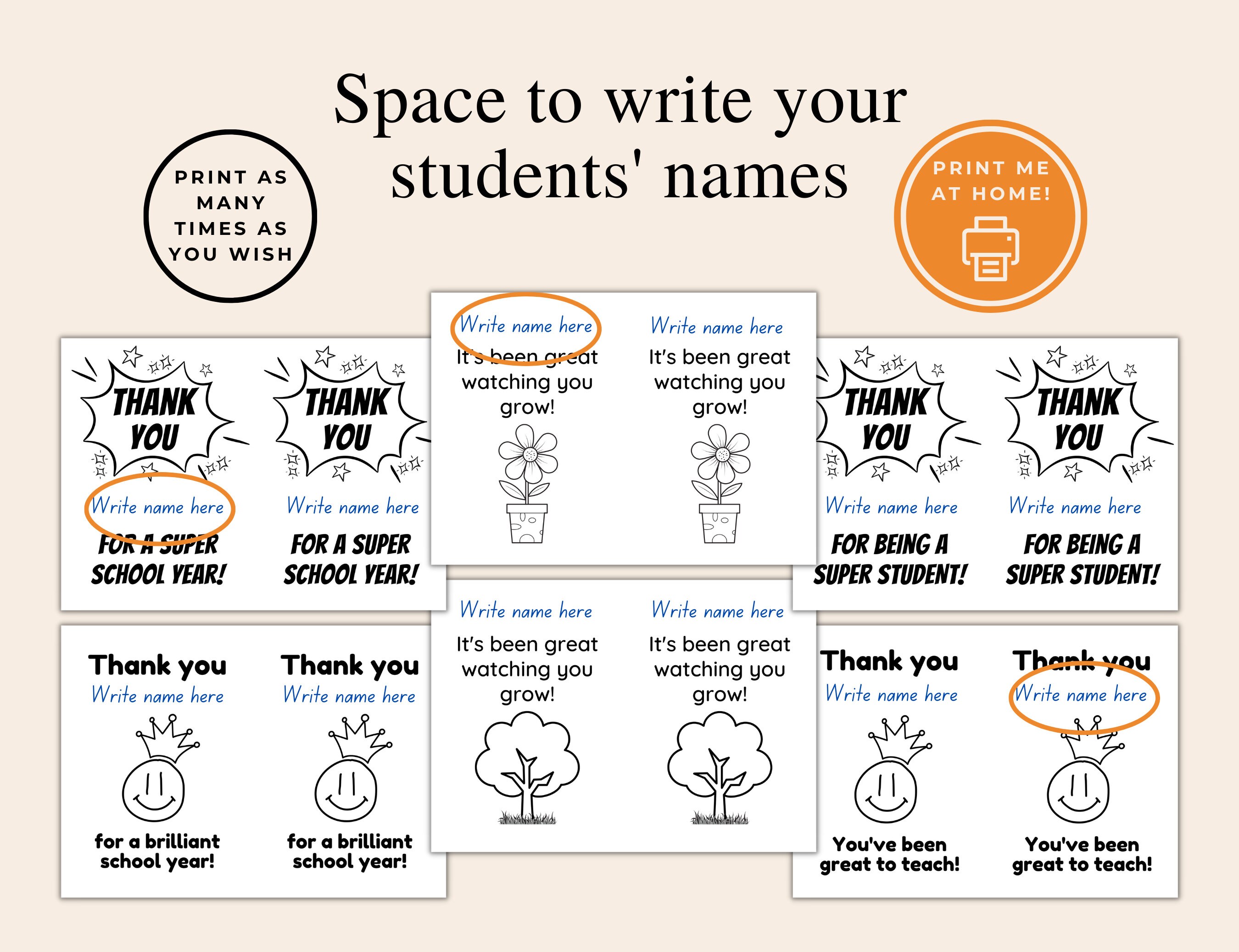 Student Thank You Notes and Cards, Printable End of Year Student Gifts ...