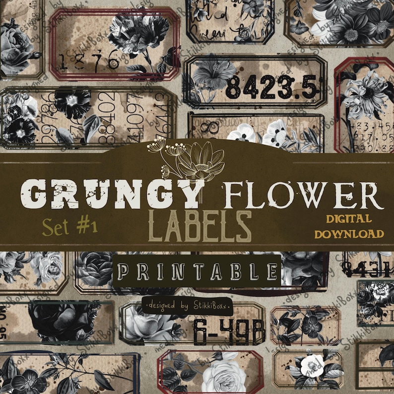 Grungy Vintage Flower Image Label Junk Journaling Style Decorative ...