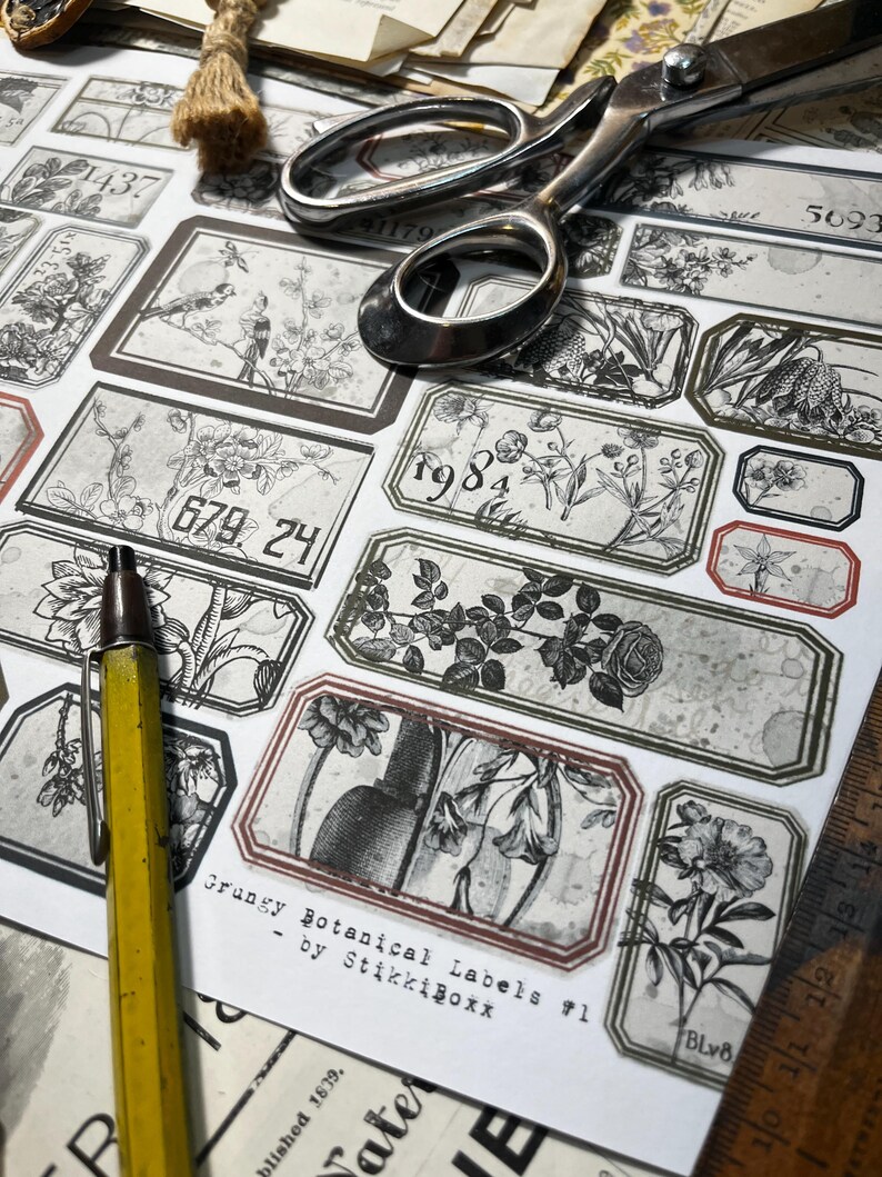 Vintage Botanical Labels, Grungy Ephemera for Junk Journaling (digital ...