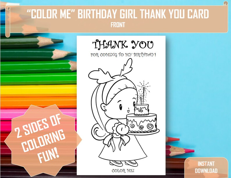 Birthday Girl Thank You Printable Card 2 Sides of Coloring - Etsy