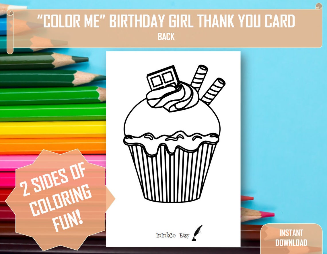 Birthday Girl Thank You Printable Card 2 Sides of Coloring - Etsy