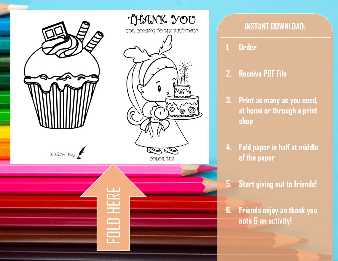 Birthday Girl Thank You Printable Card 2 Sides of Coloring - Etsy
