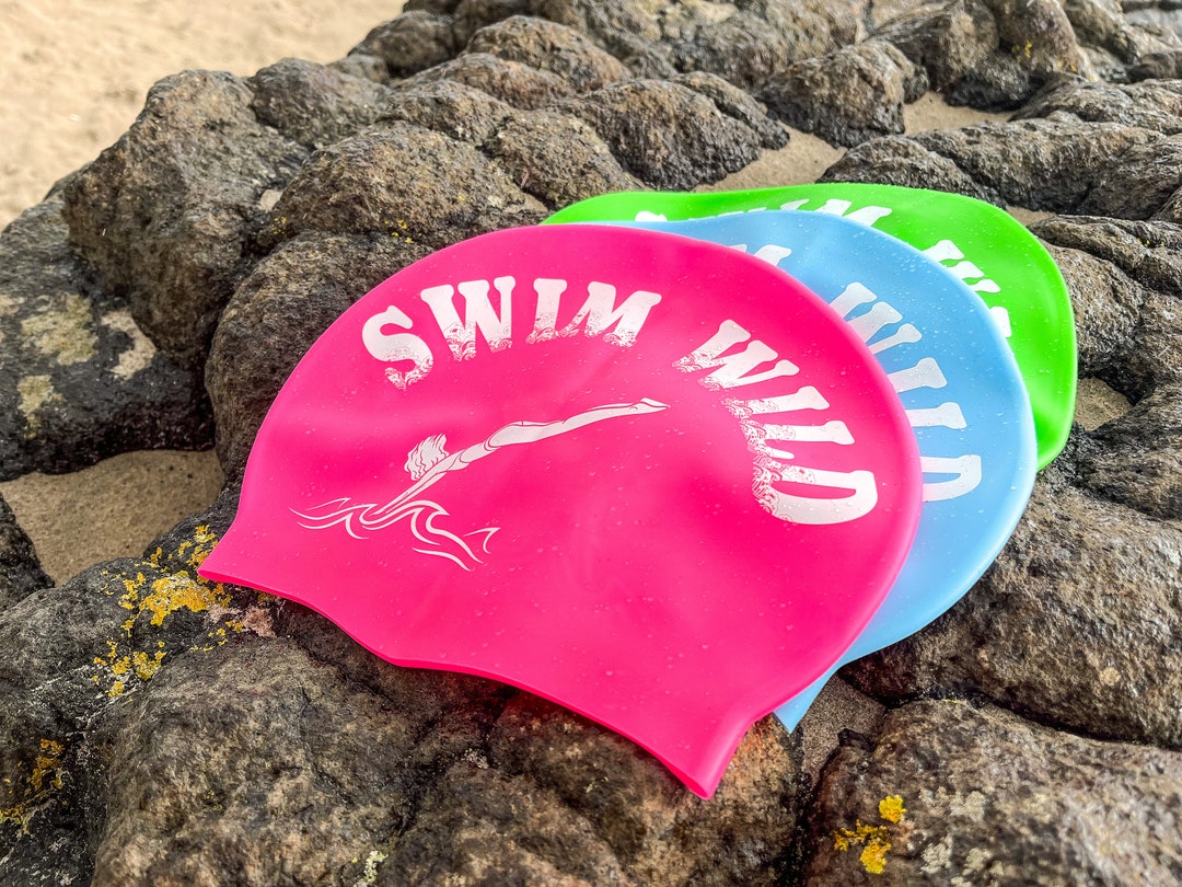 Swim Wild Swim Hat, Silicone Swim Hat, Pink Swim Cap, Blue Swim Hat ...