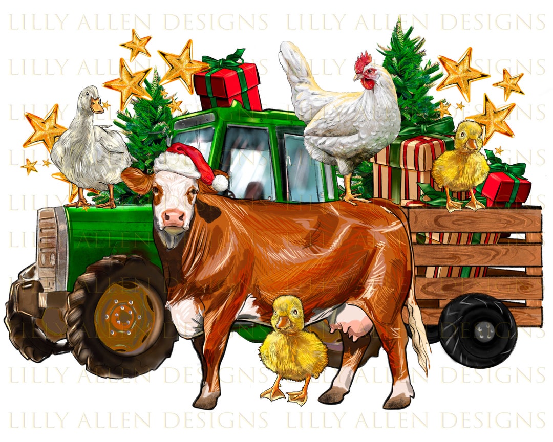 Christmas Farm Animals With Tractor Png Sublimation Design, Farm ...