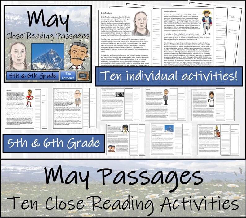 May Close Reading Comprehension Passages | 5th Grade & 6th Grade - Etsy