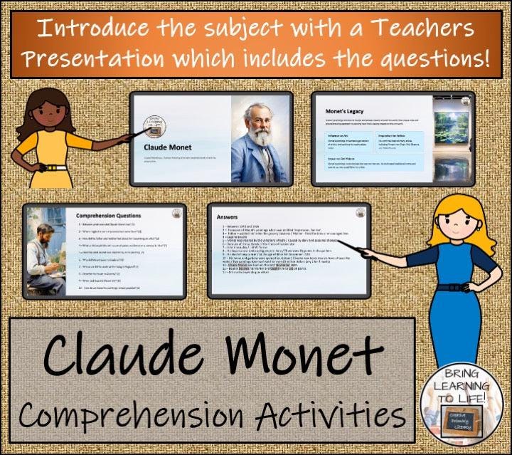 Claude Monet Close Reading Comprehension Activities | 5th Grade & 6th ...