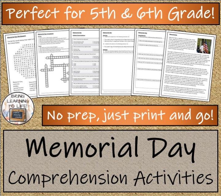 Memorial Day Close Reading Comprehension Activities | 5th & 6th Grade ...