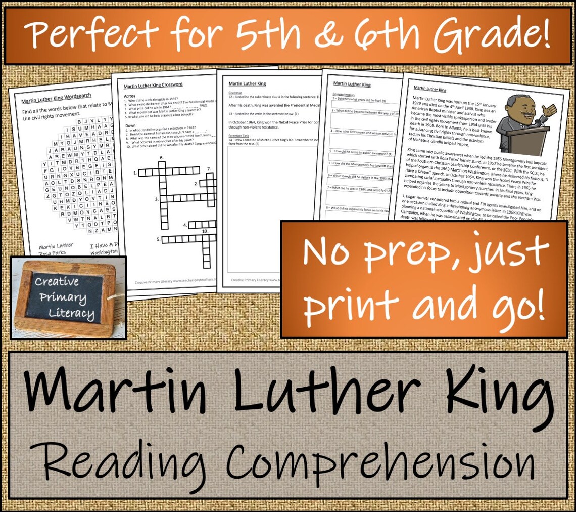 Martin Luther King Close Reading Comprehension Activity 5th Grade & 6th ...